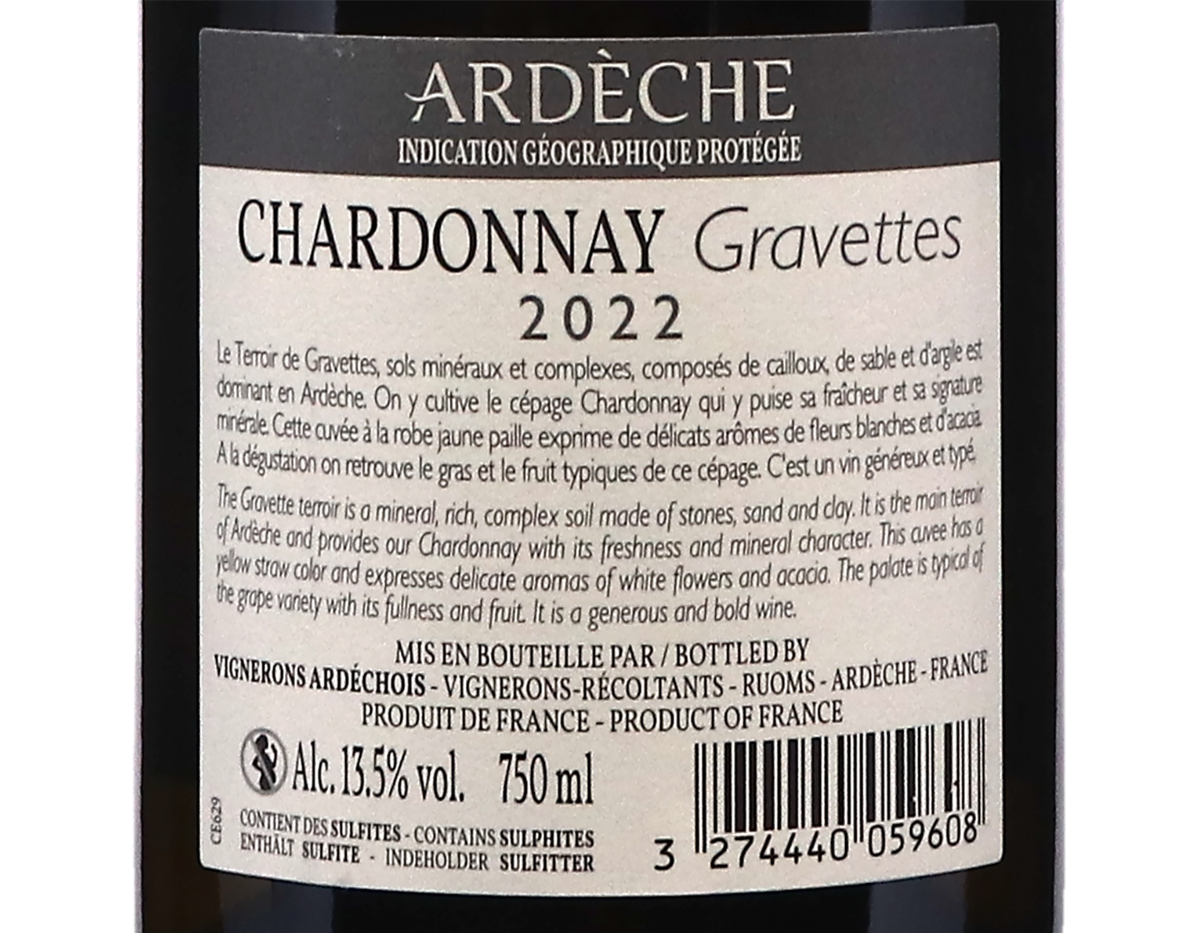 Chardonnay les Gravettes, IGP Ardeche, Vignerons Ardechois 2023