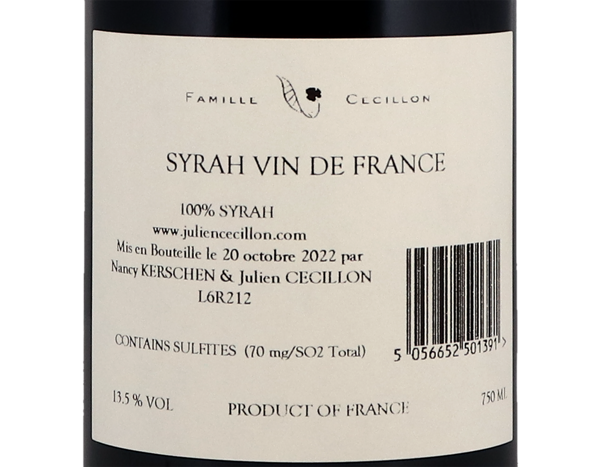 Syrah Les Graviers, Vin de France, Domaine Julien Cécillon 2021
