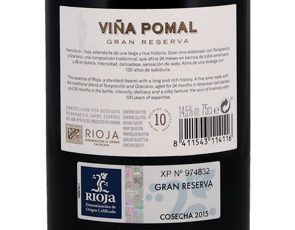 Bodegas Bilbainas Viña Pomal Gran Reserva, Rioja 2015
