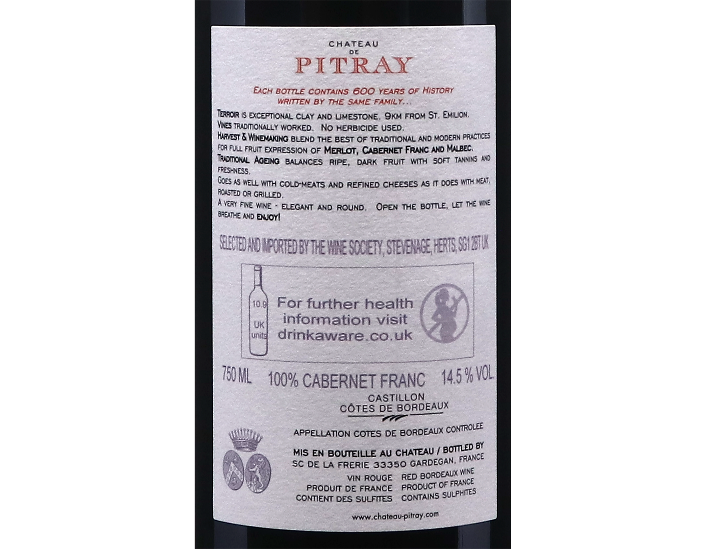 Château de Pitray Cuvée Cabernet Franc, Castillon Côtes de Bordeaux 2020
