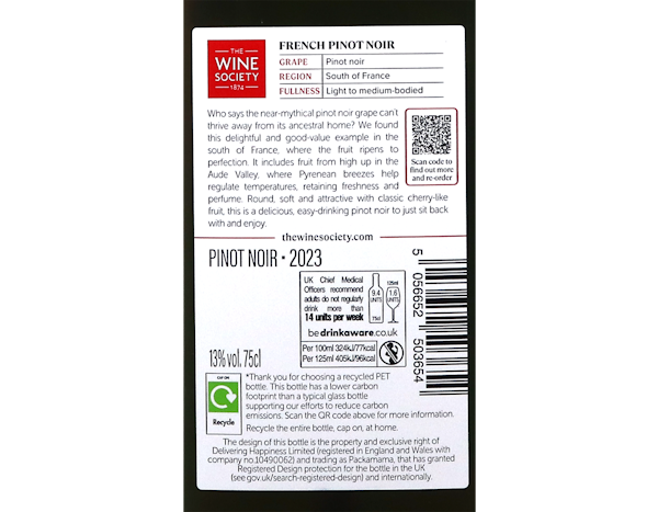 The Society's French Pinot Noir 2023 rPET bottle