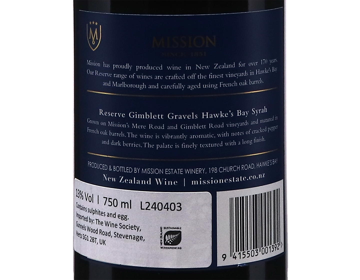 Mission Estate Gimblett Gravels Reserve Hawke's Bay Syrah 2023