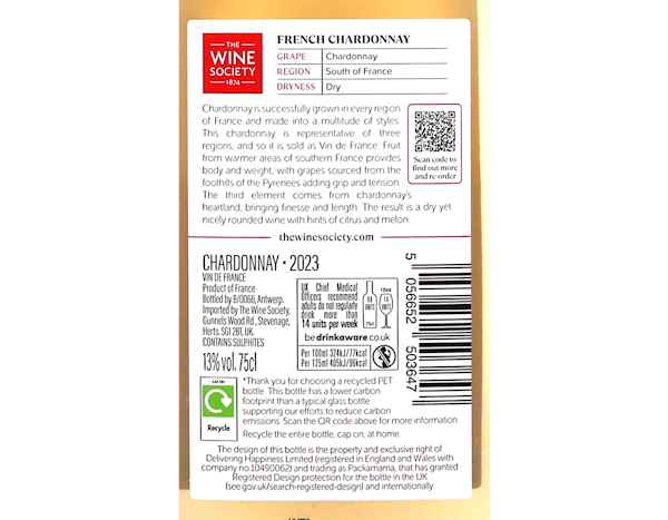 The Society's French Chardonnay 2023 rPET bottle